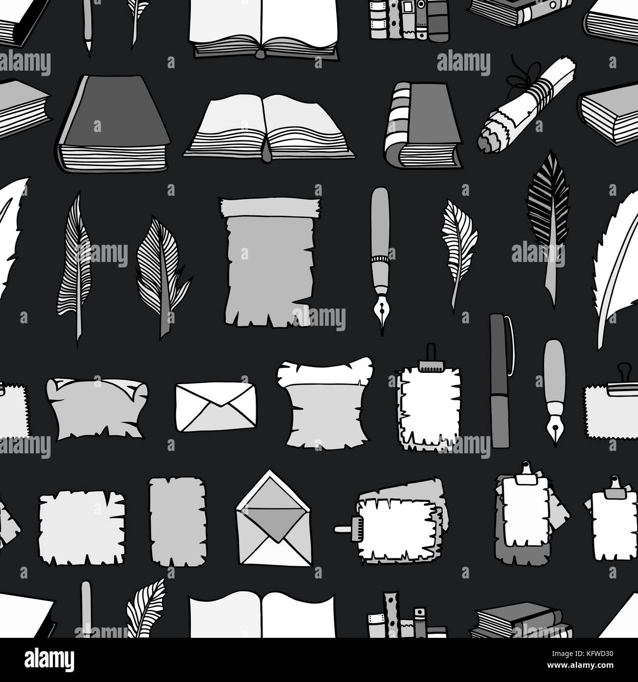 Seamless Hand Drawn Illustrations Pattern of Big Set Books and pen ...