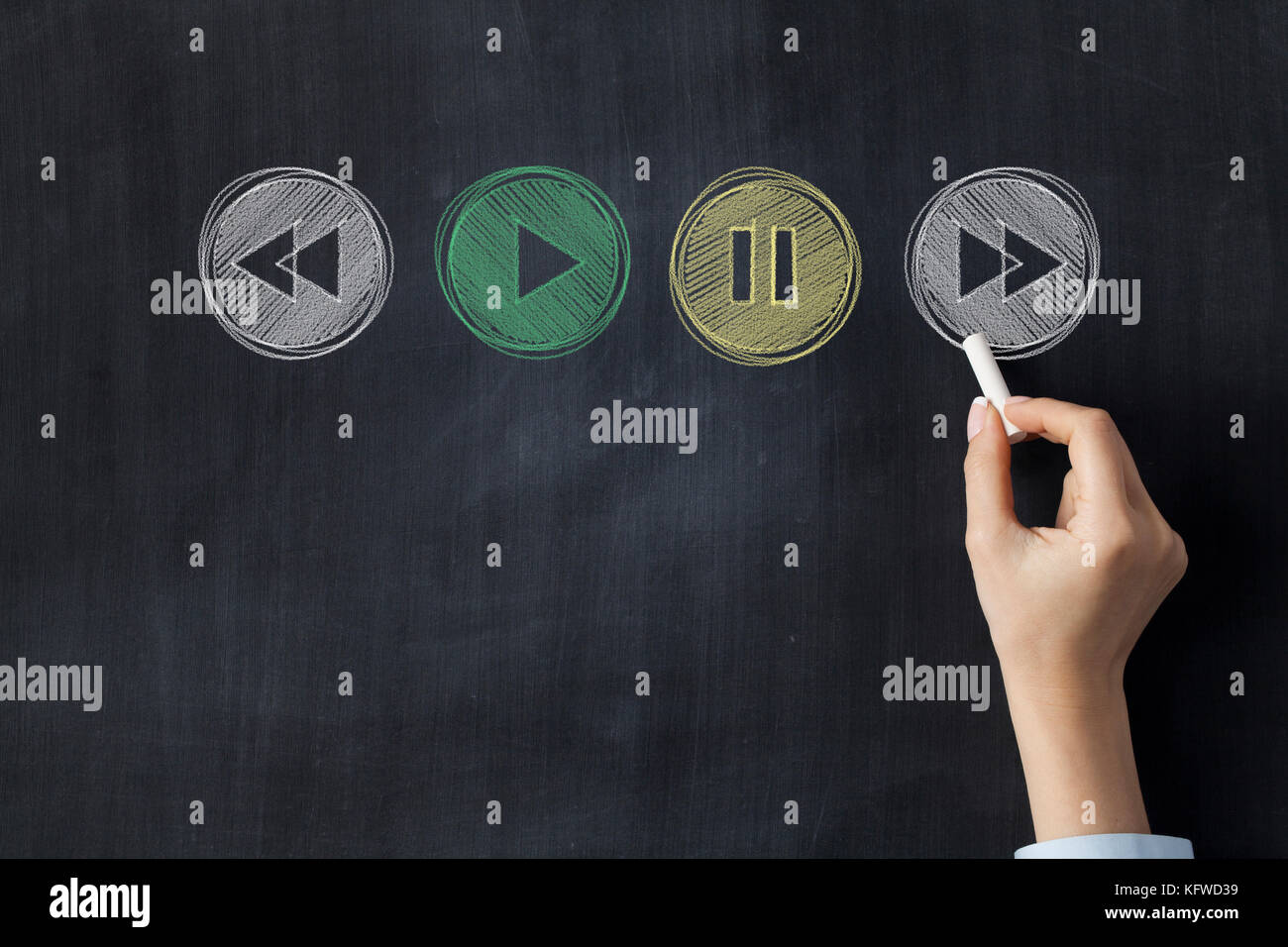 Play stop and rewind icons on blackboard Stock Photo - Alamy
