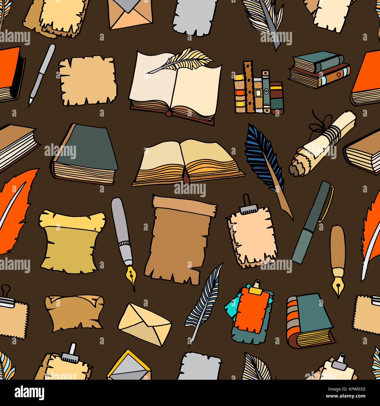 Seamless Hand Drawn Illustrations Pattern of Big Set Books and pen ...