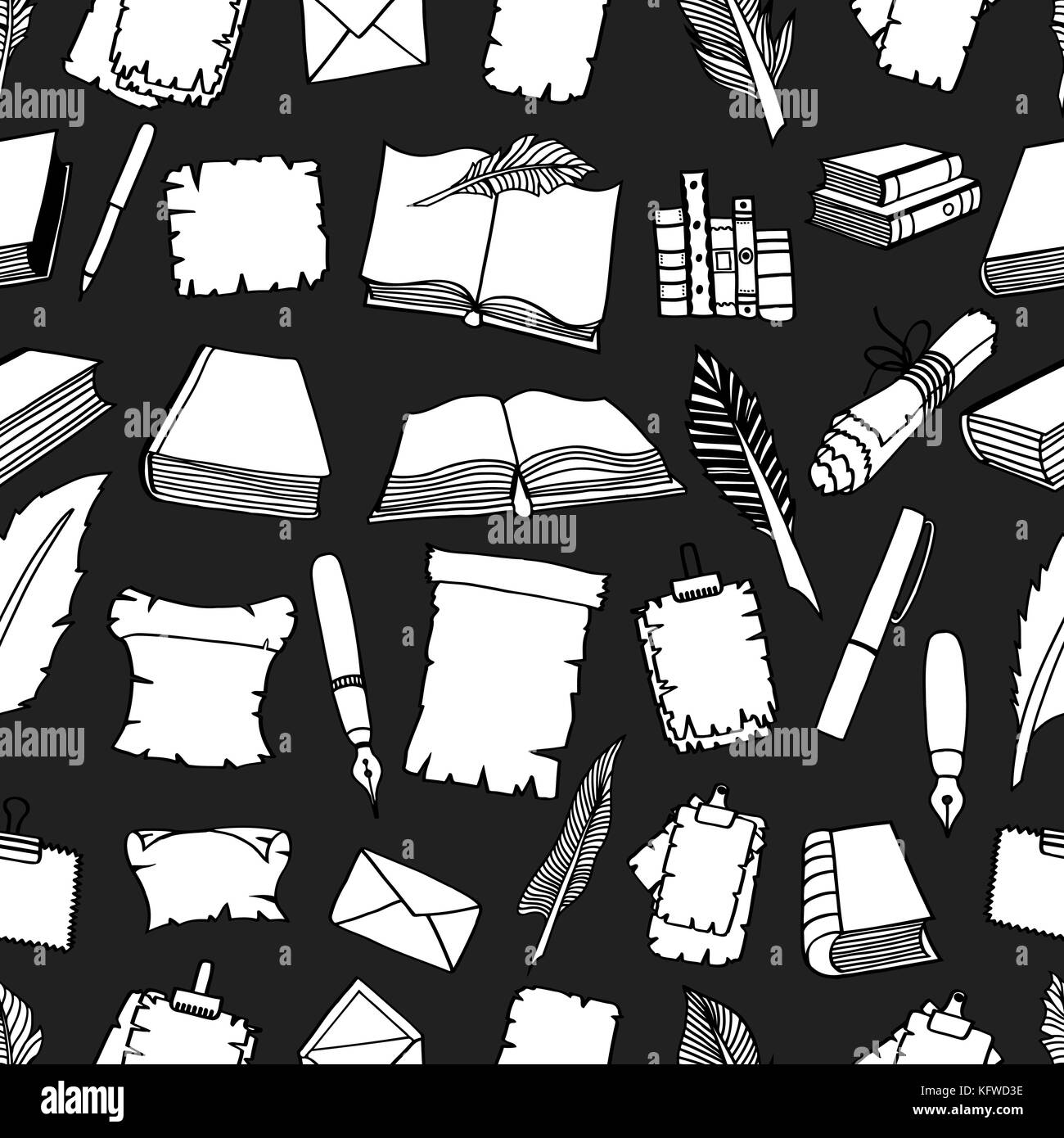 Seamless Hand Drawn Illustrations Pattern of Big Set Books and pen ...