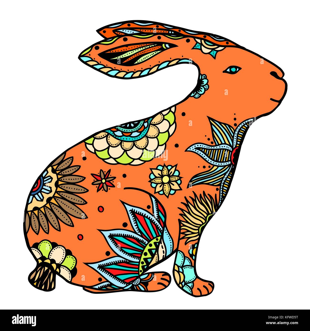 Decorative hand drawn doodle rabbit illustration. Ornate white hare ...