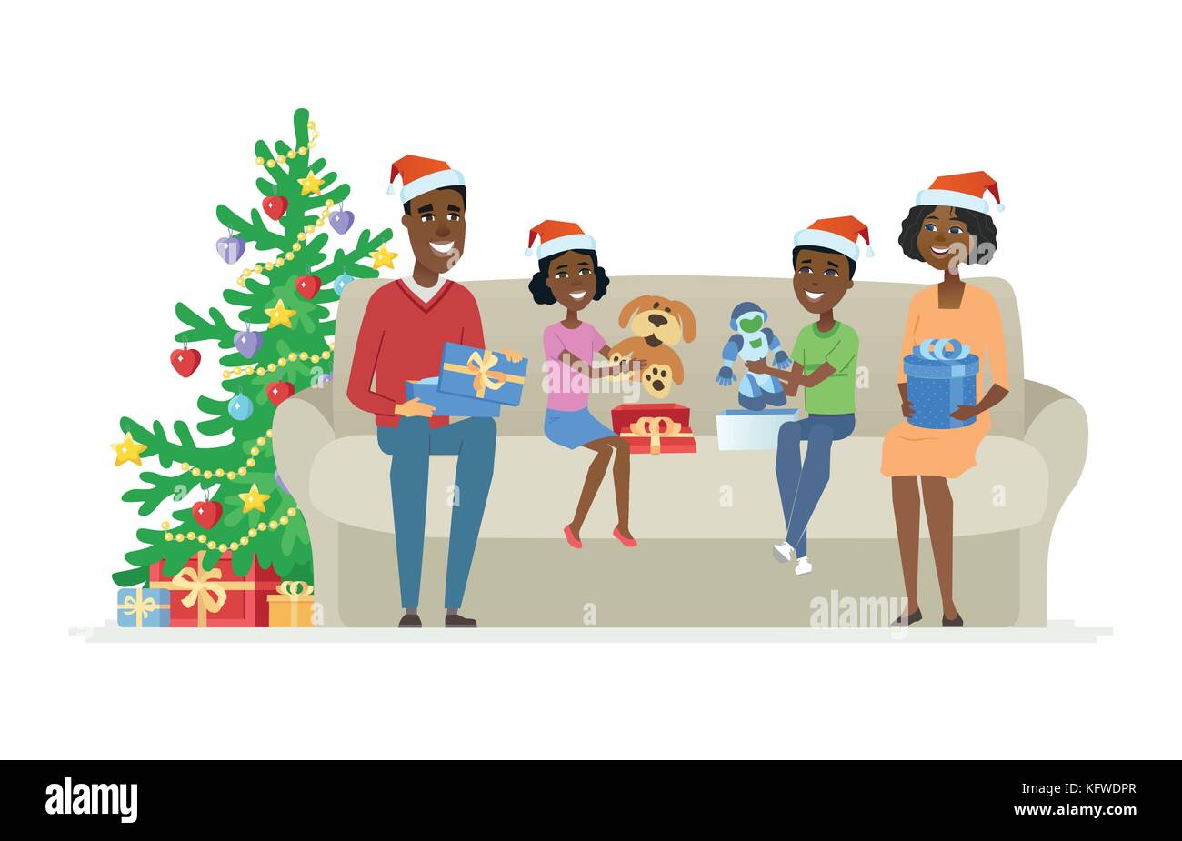 Happy African family open Christmas presents - cartoon people ...