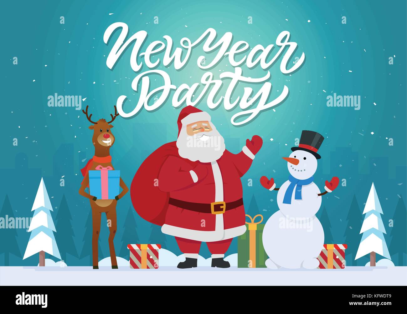 New Year party - cartoon characters illustration with Santa, raindeer ...