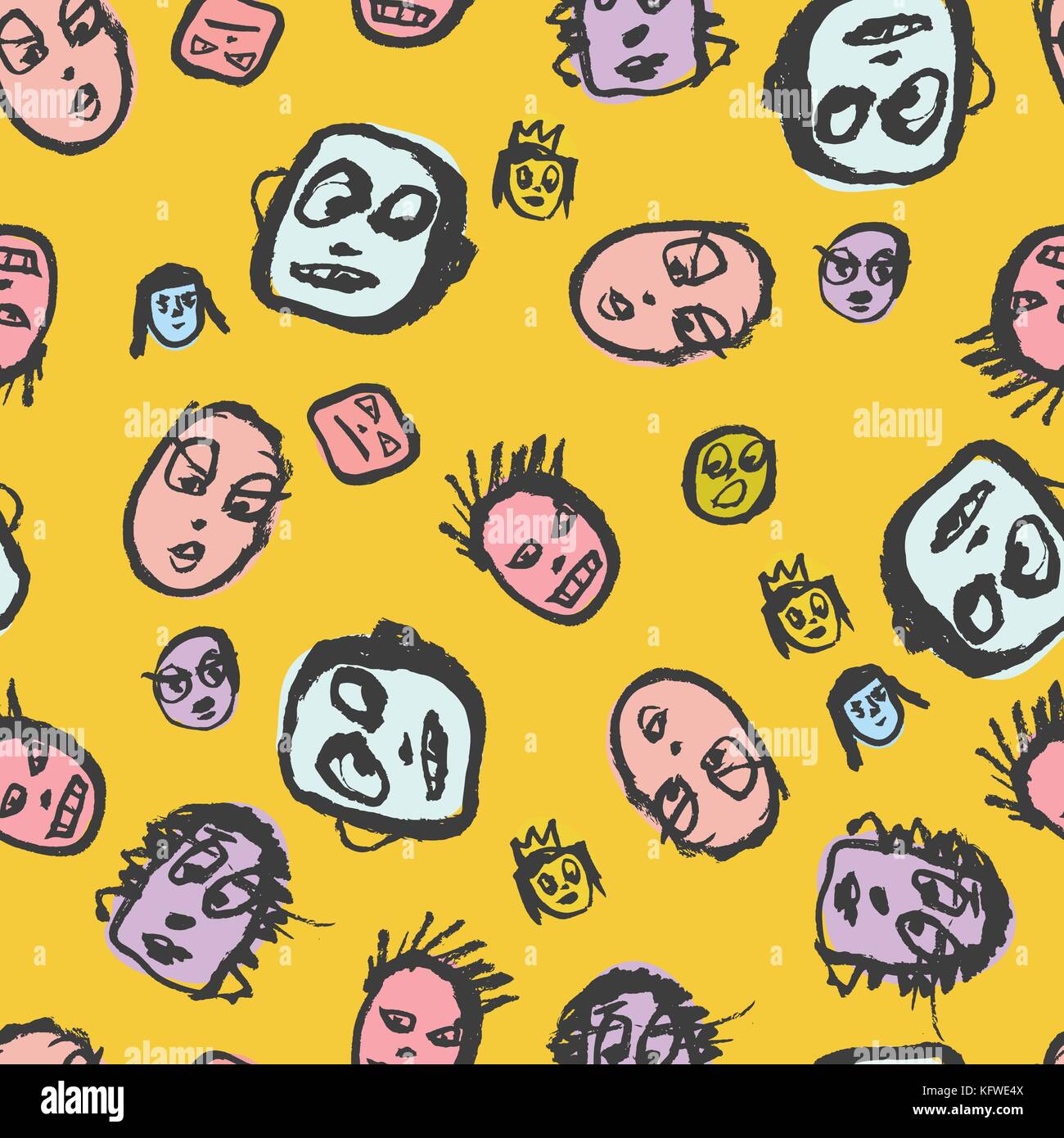 Doodles faces seamless pattern. Vector illustration. Sketchy cartoon ...