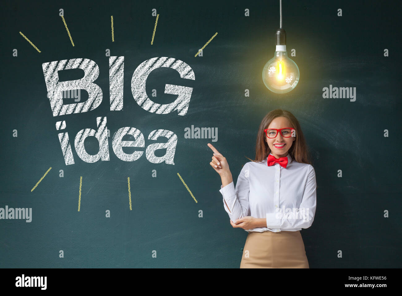A woman and word big idea drawn and light bulb on a chalk board ...