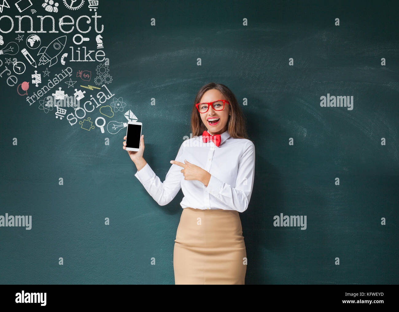 Young woman using smartphone with social media text and icon on the ...