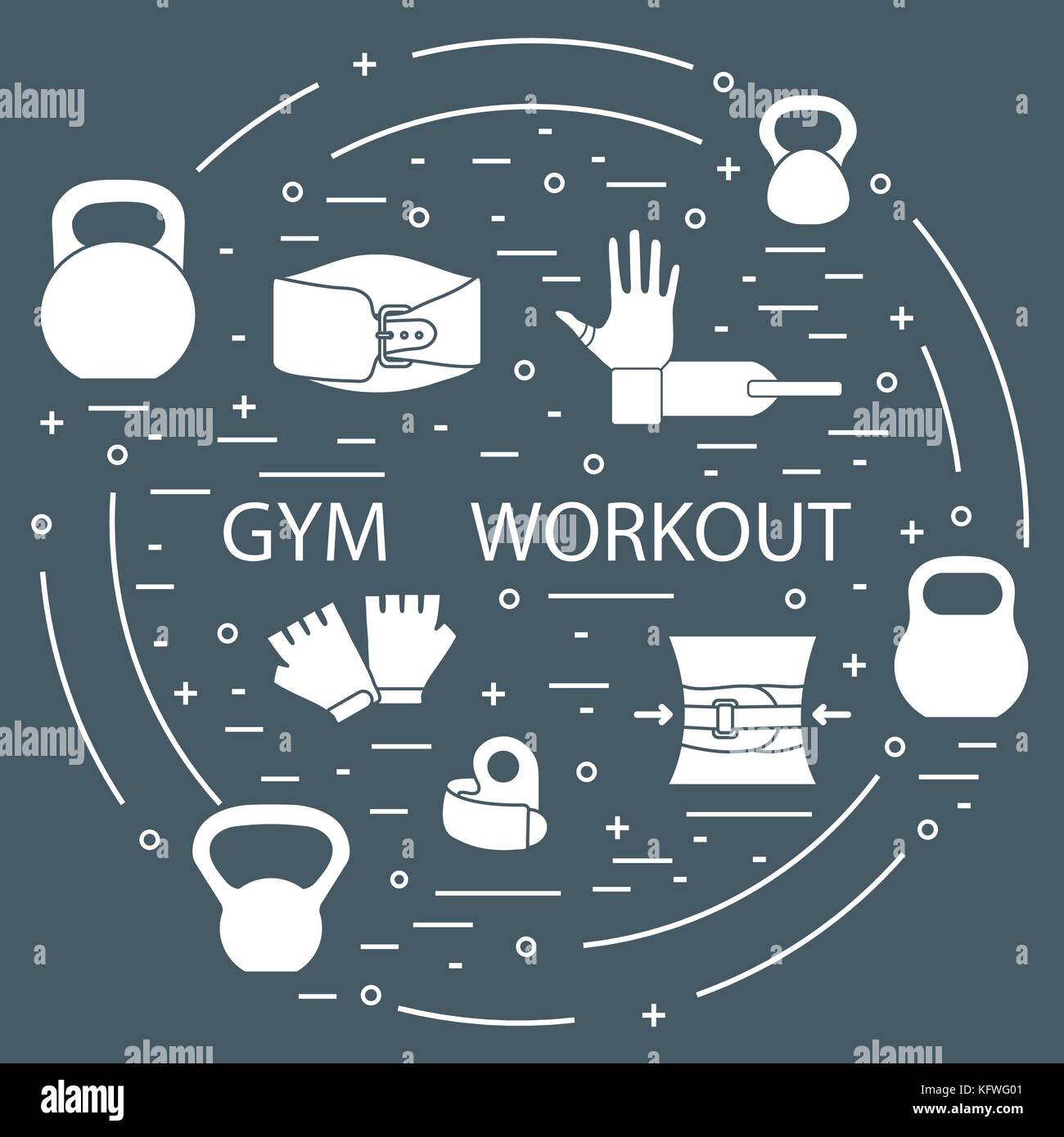 Powerlifting gym workout elements arranged in a circle. Healthy ...