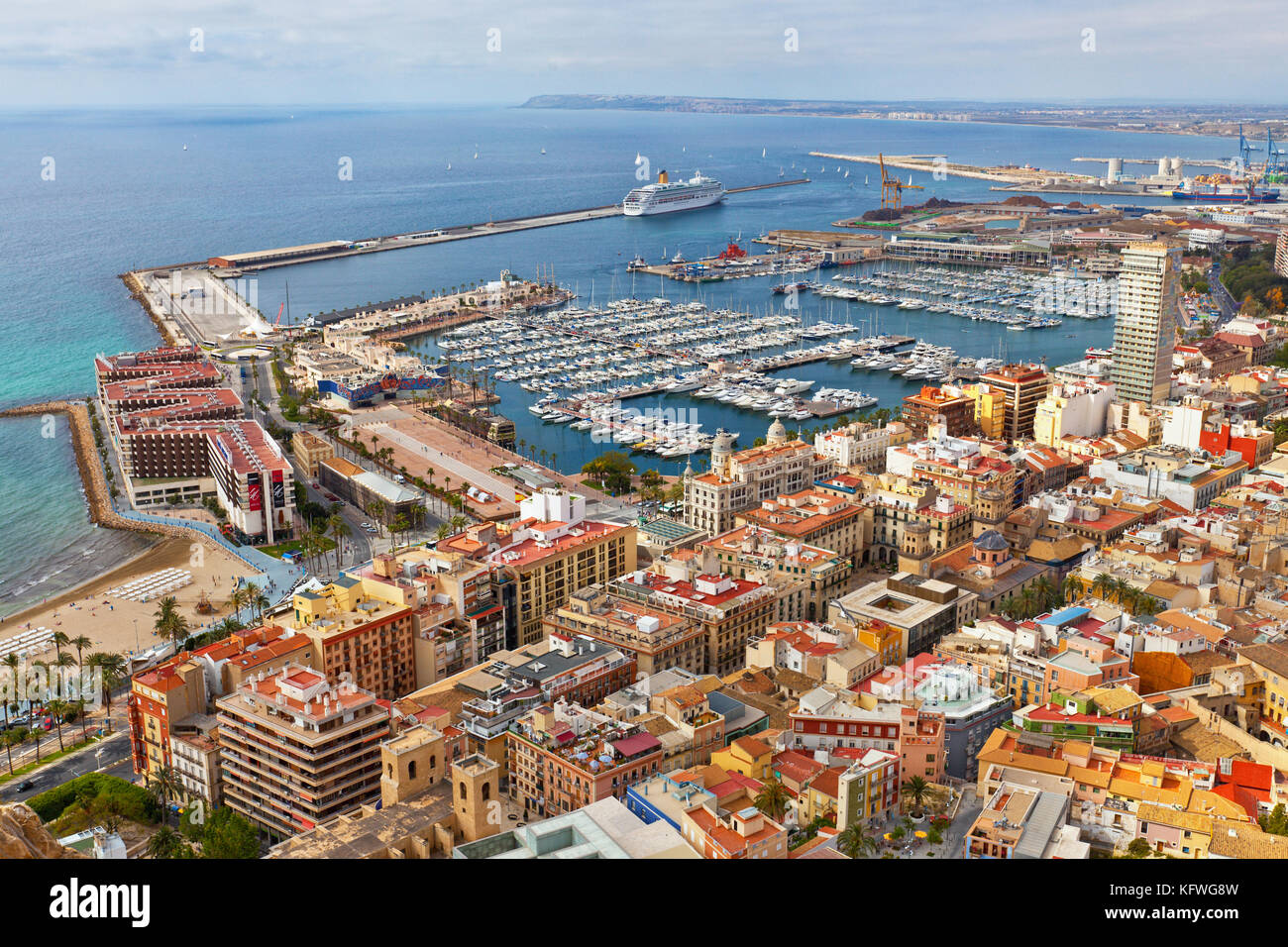 Alicante aerial view, Spain. There is tha harbour and the old city ...