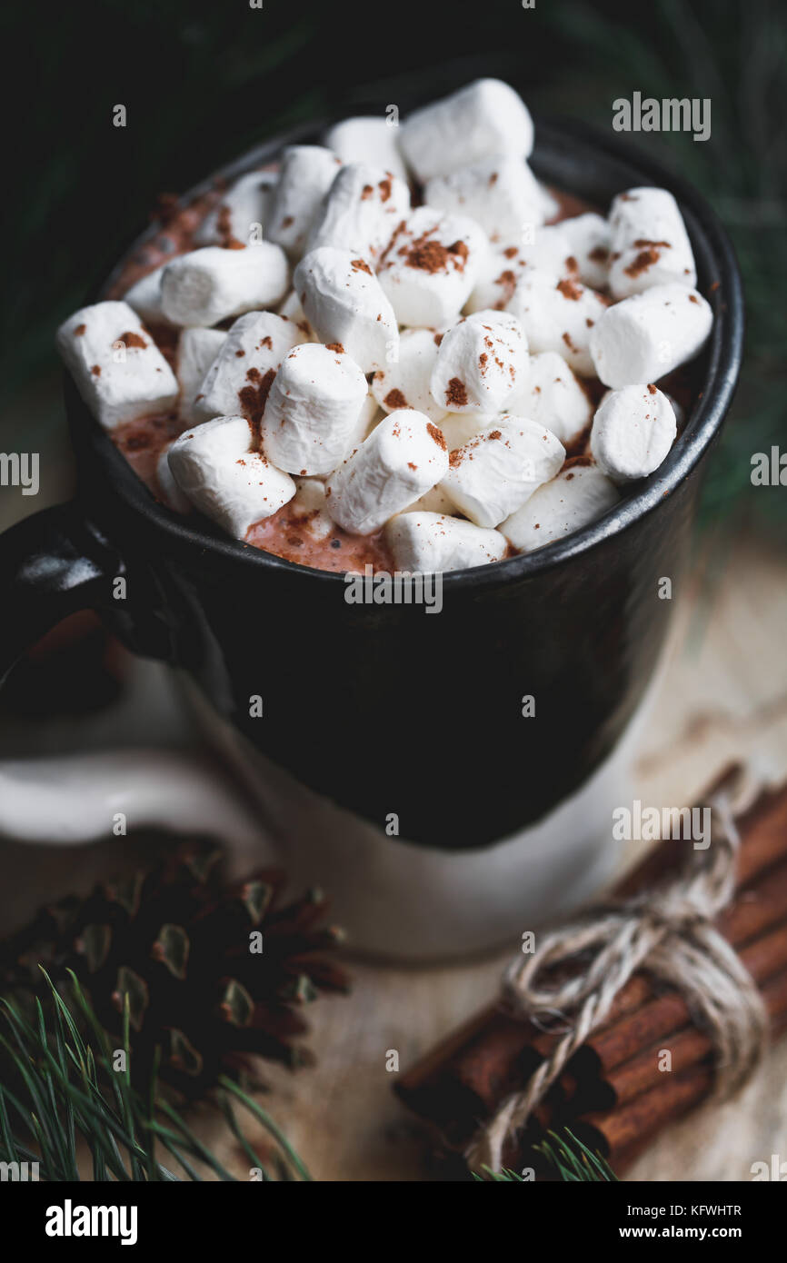 New Year and Christmas concept. Hot chocolate with marshmallow in a ...