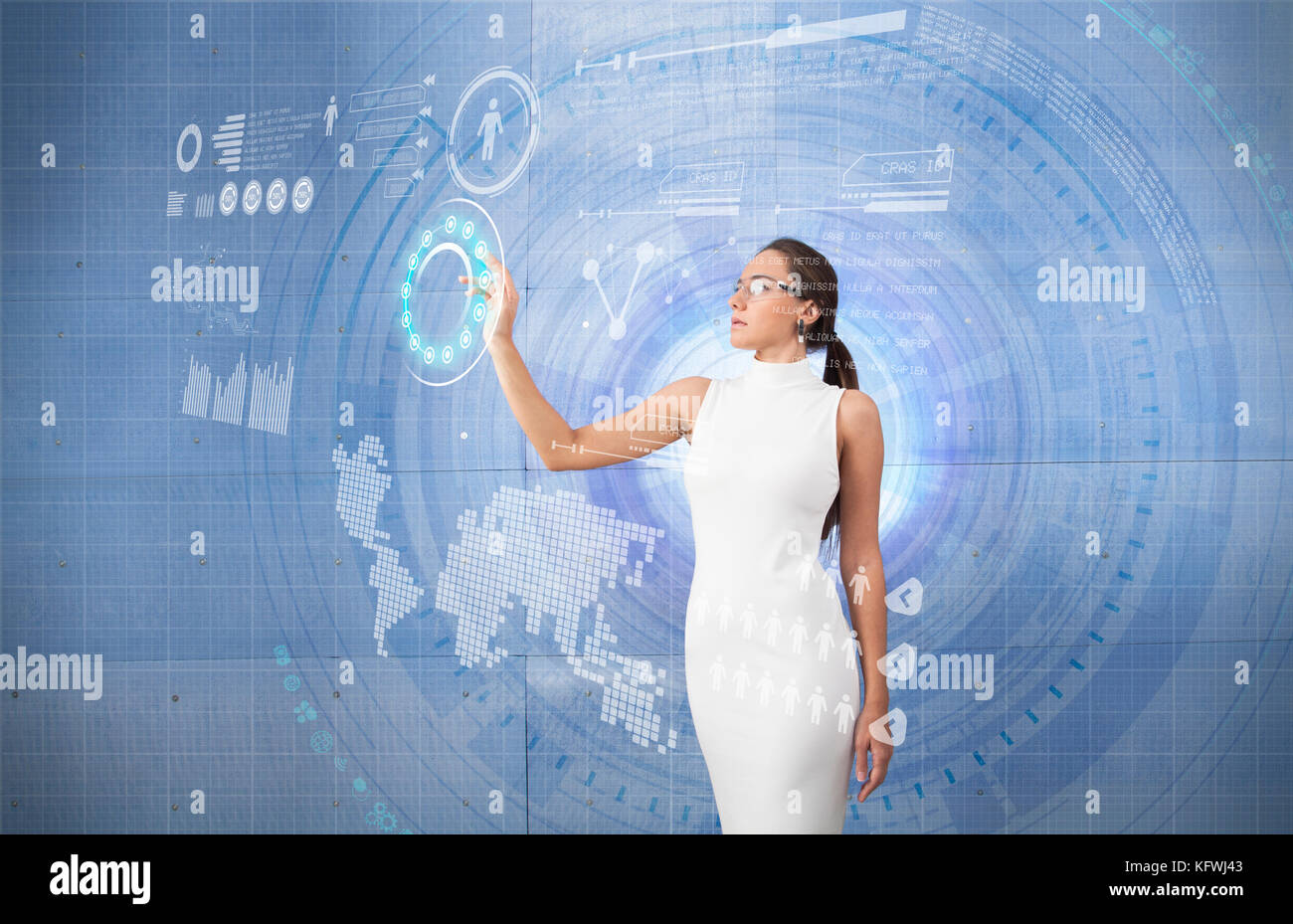 Young woman touching screen interface Stock Photo - Alamy