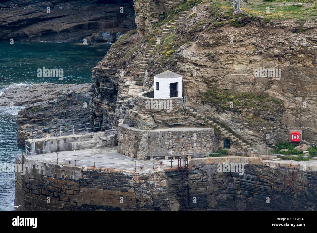 Detail of Portreath Harbour Wall, with the Look Out Hut, and Steps ...