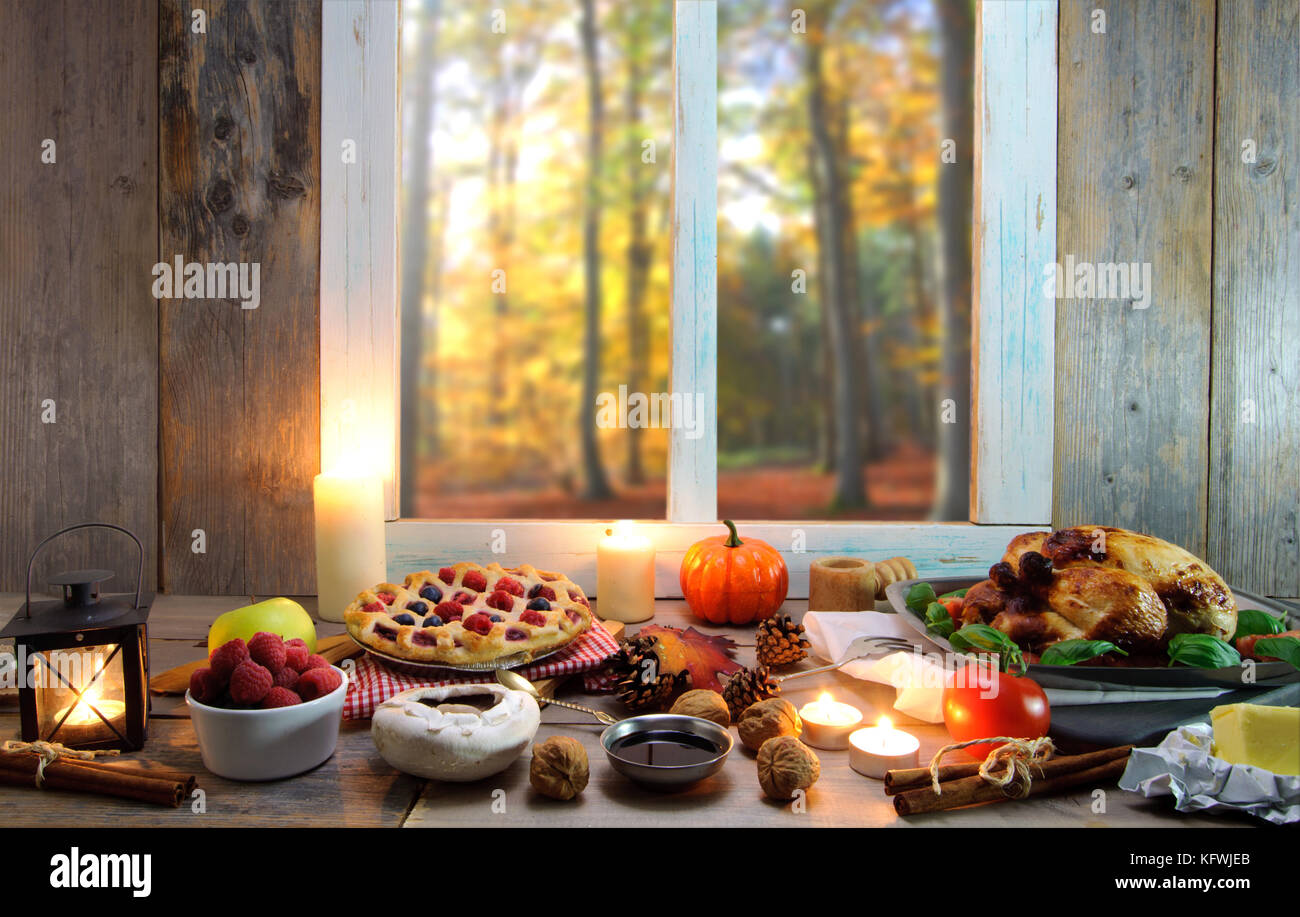 Thanksgiving food by a window overlooking a forest Stock Photo - Alamy