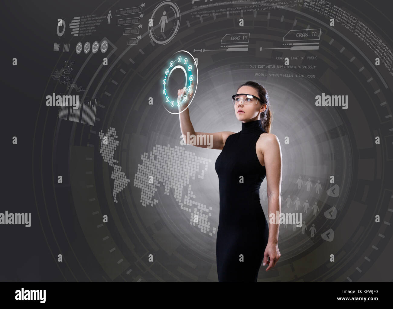 Young woman touching screen interface Stock Photo - Alamy
