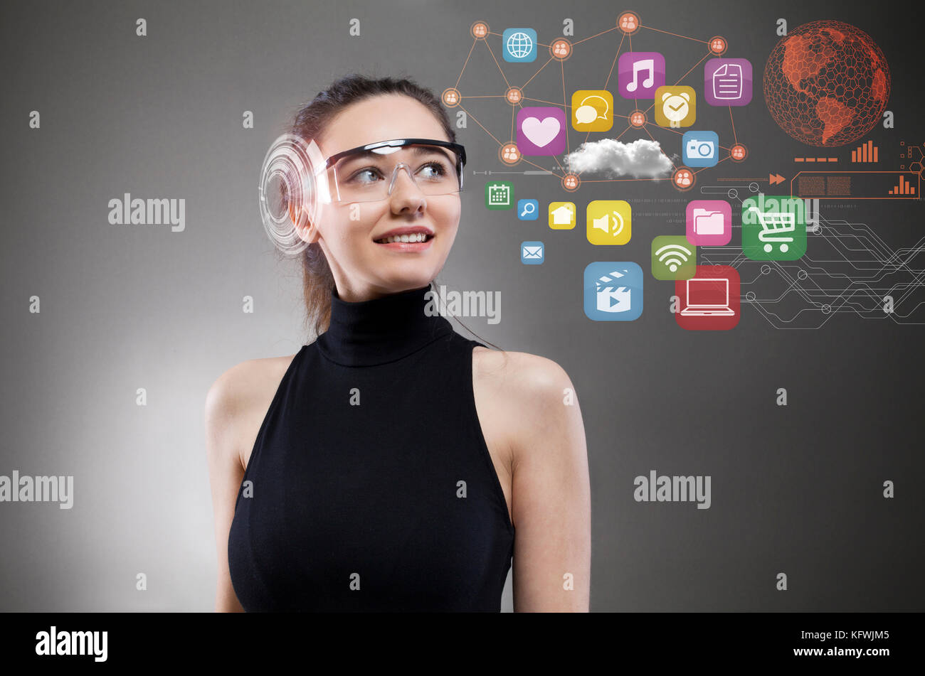 Young woman in smart glasses with virtual screen Stock Photo - Alamy