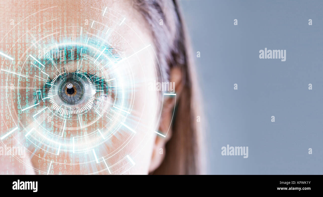 Young woman's eye and high-tech concept, augmented reality display ...