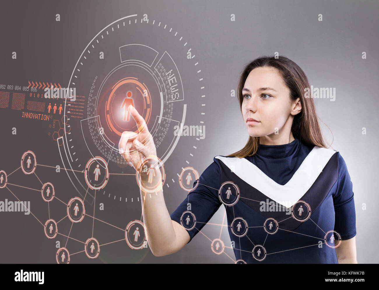 Young woman touching the virtual future interface Stock Photo - Alamy