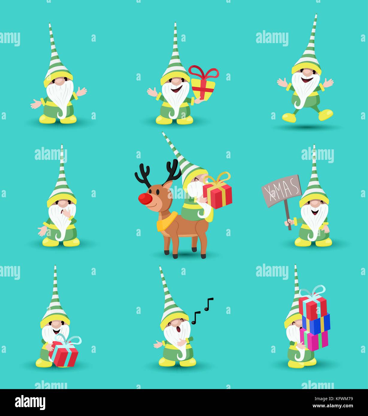 Christmas holiday set of cute elf character cartoons in different poses ...