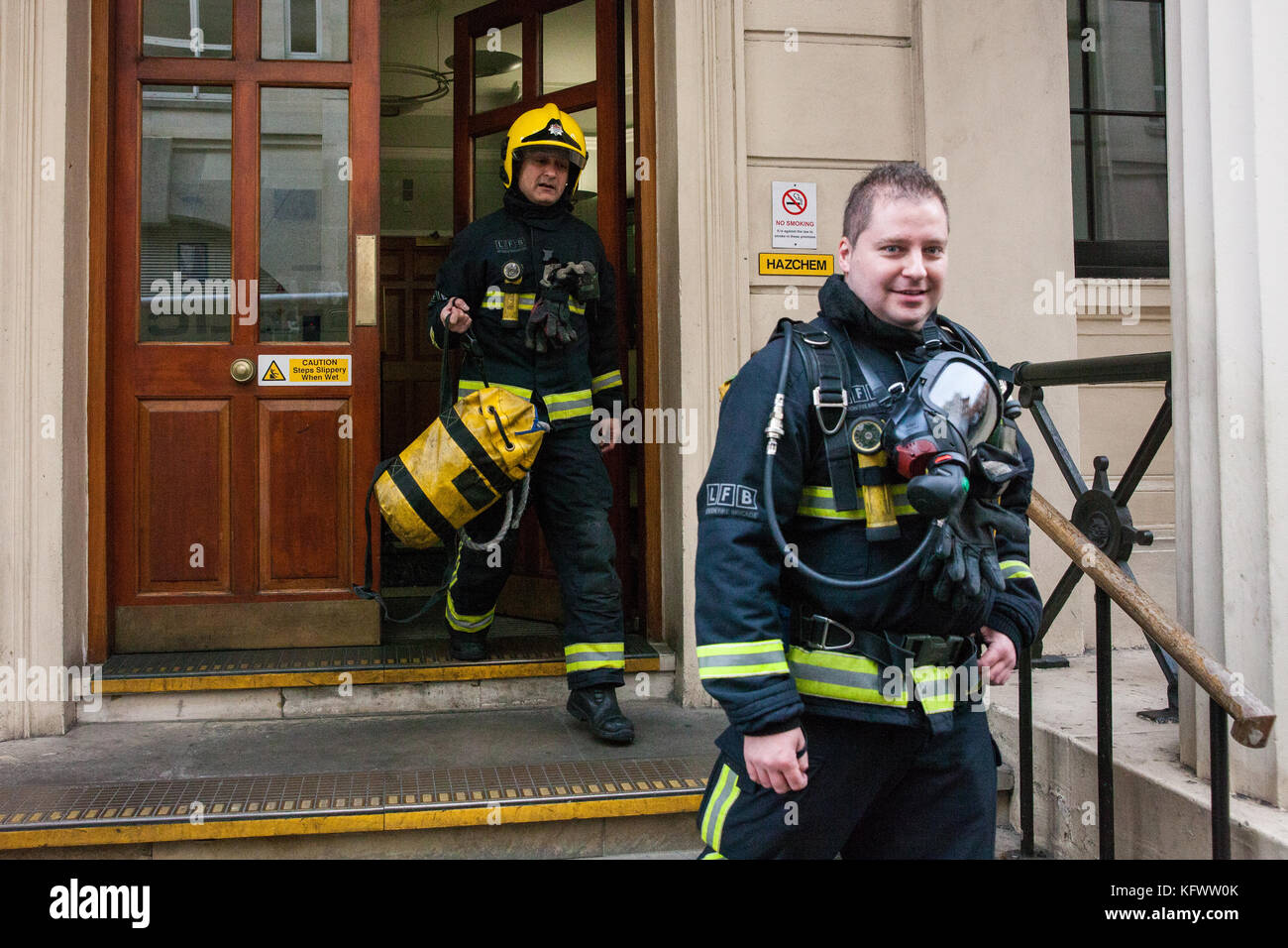 London, UK. 1st Nov, 2017. London Fire Brigade fire fighters exit ...