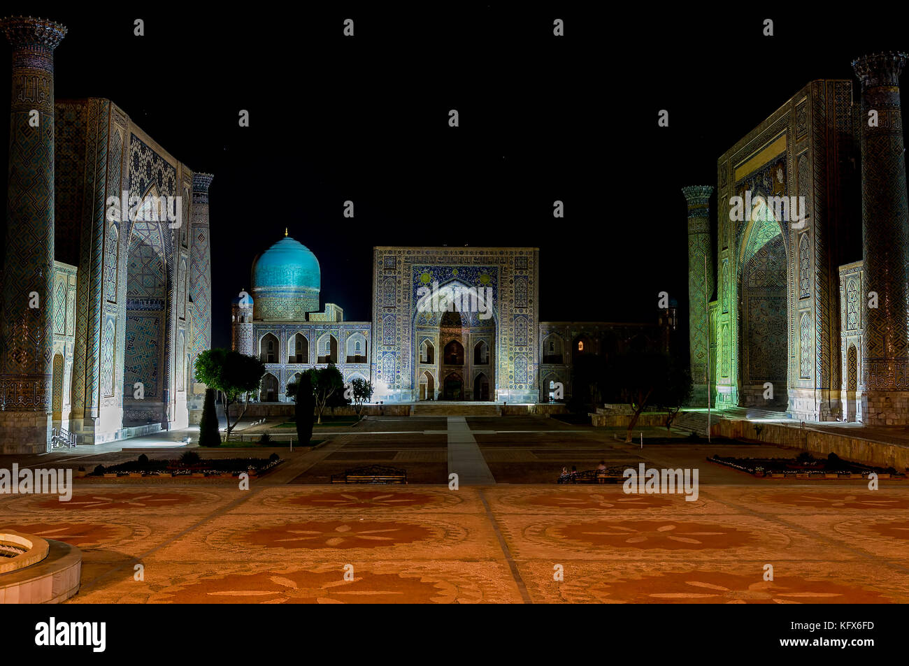 Panoramic view of Registan square at night - Samarkand, Uzbekist Stock ...