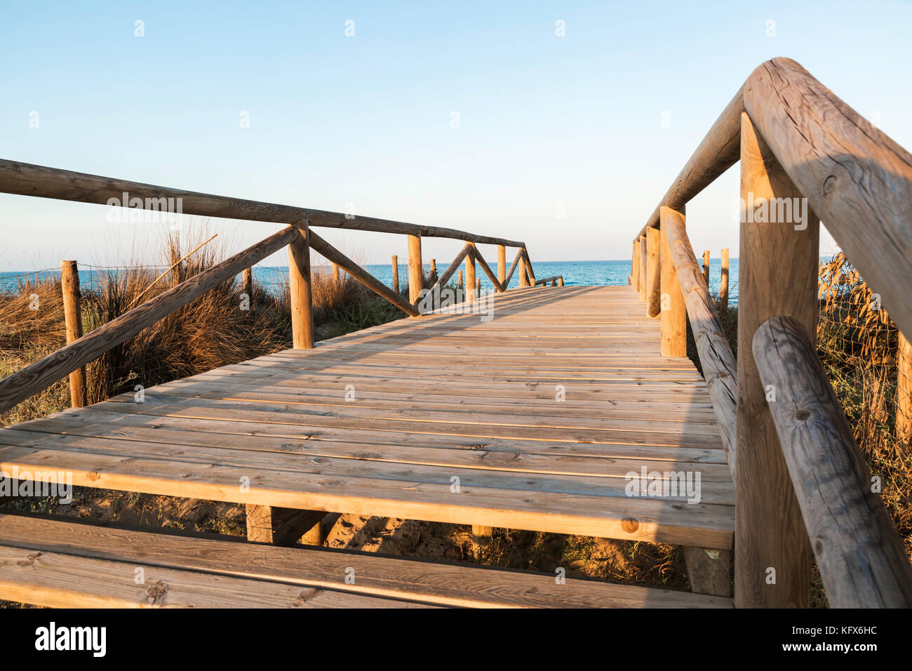 Bridge of access to the beach across the dunes in Guardamar del Segura ...