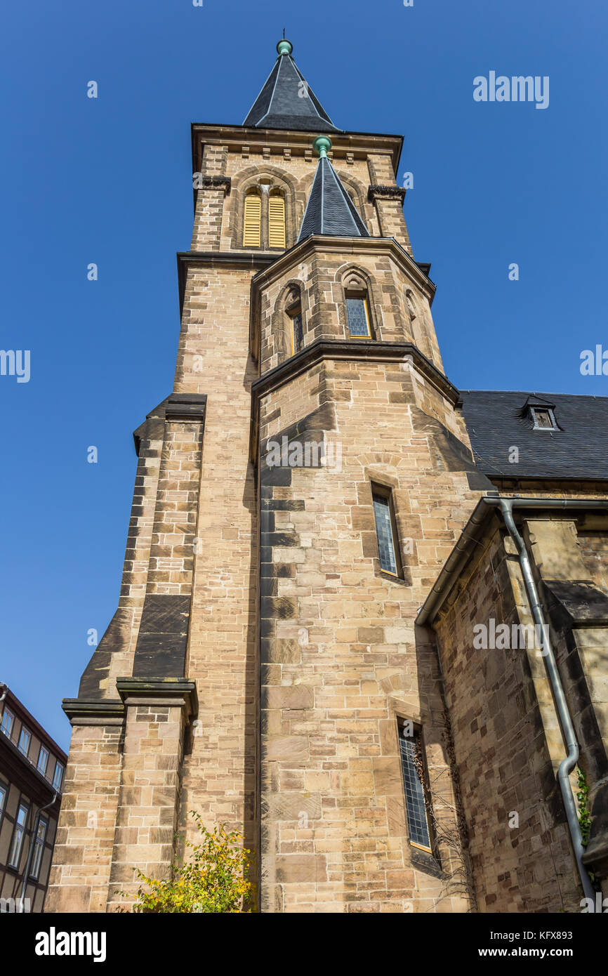 Tower of the historic Sylvestri church in Wernigerode, Germany Stock ...