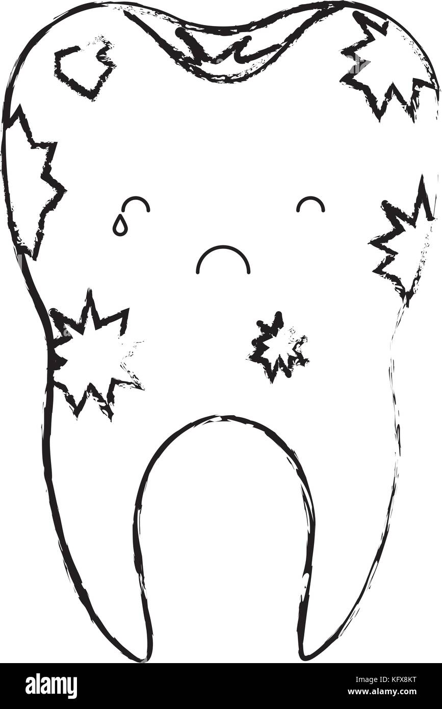 dirty kawaii tooth with root in monochrome blurred silhouette Stock ...