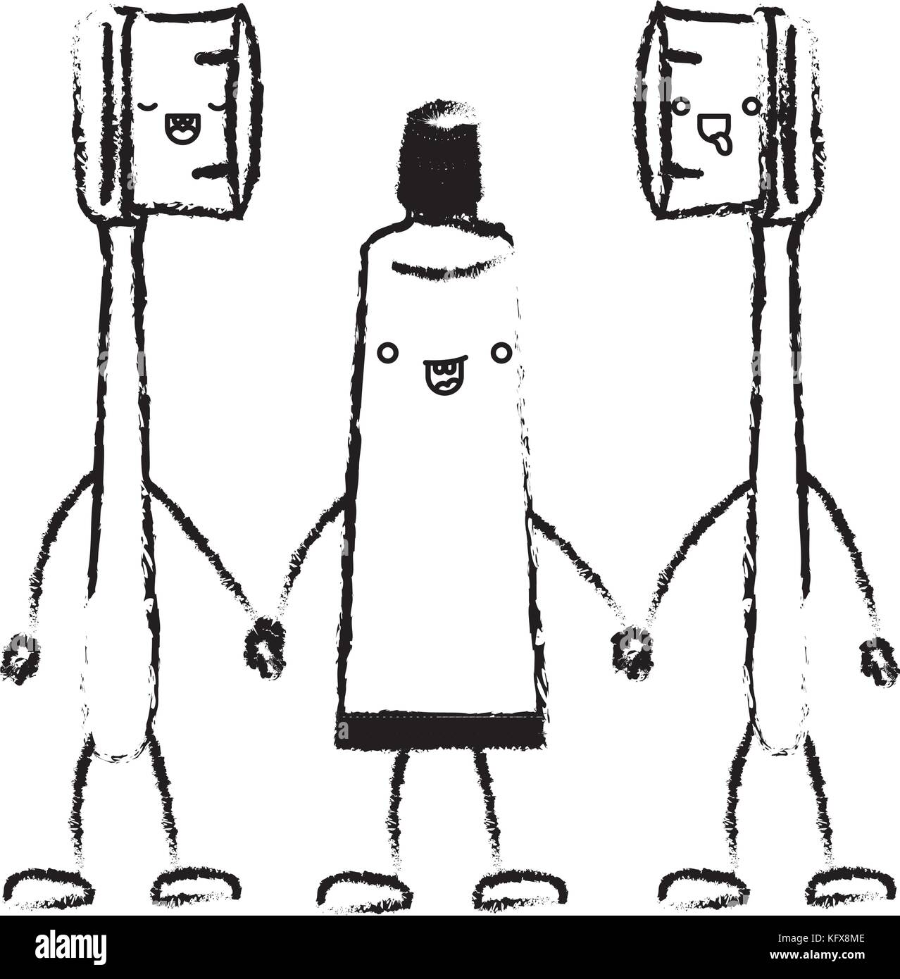 cartoon couple toothbrushes and toothpaste in monochrome blurred ...