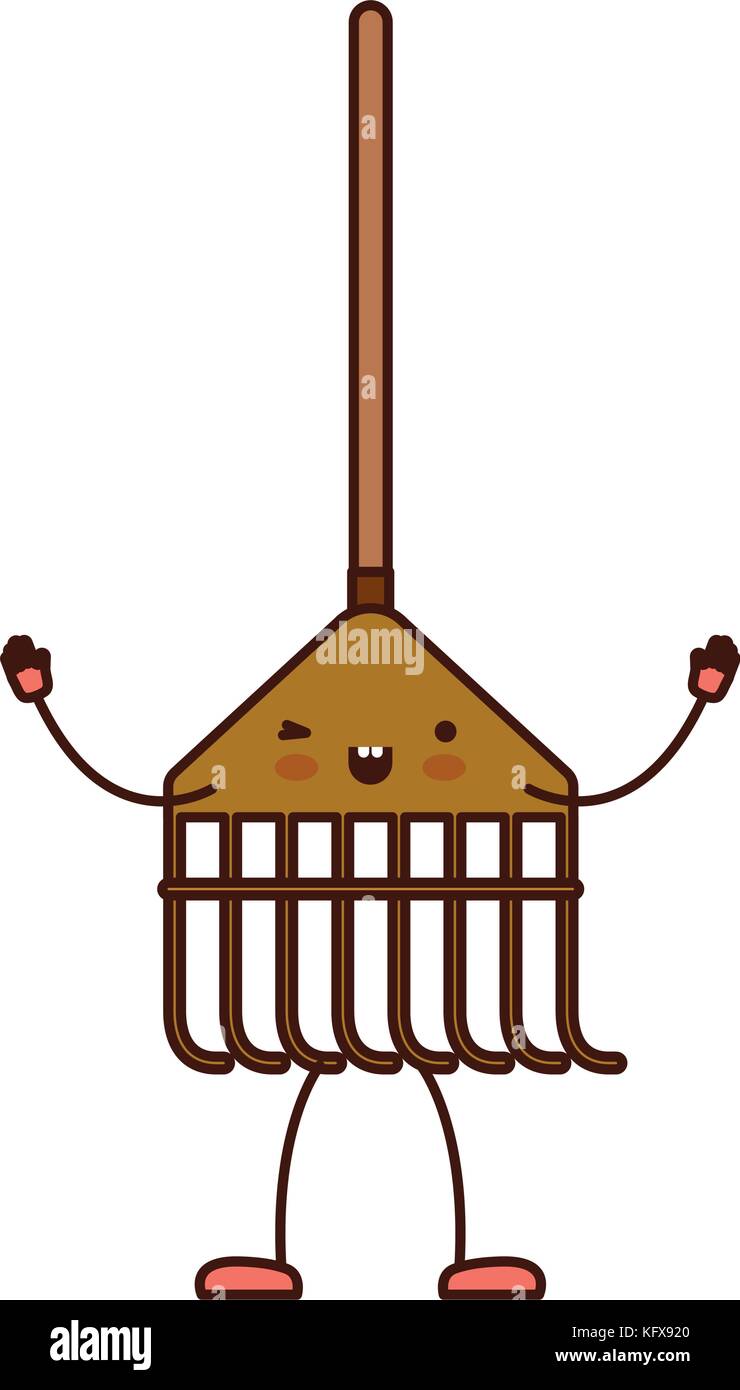 kawaii cartoon rake leaves with wooden stick in colorful silhouette ...