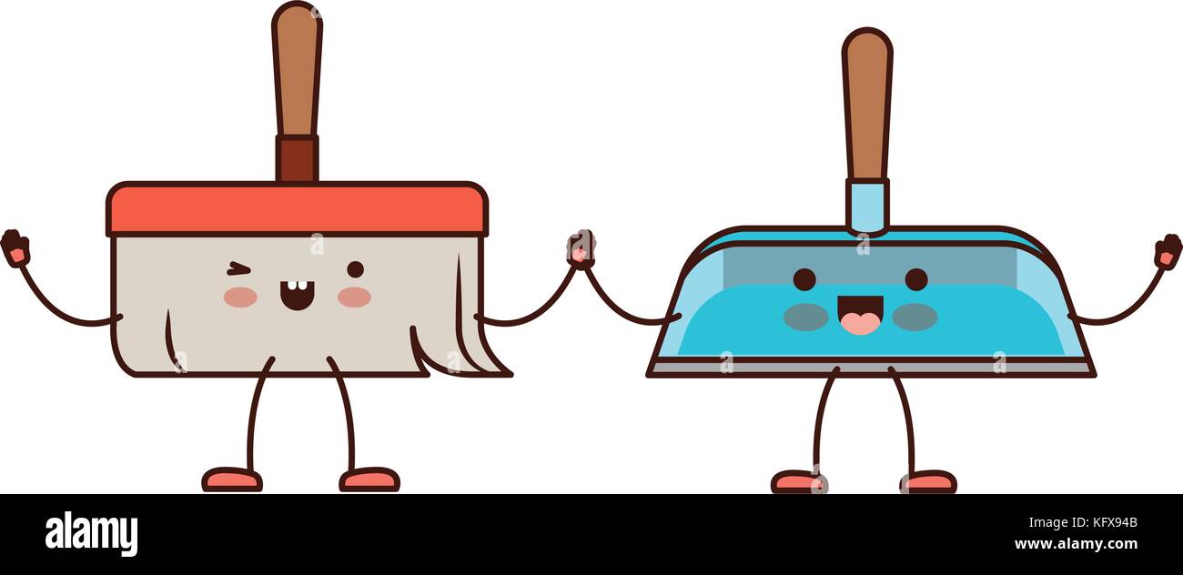 kawaii cartoon hand dustpan and hand broom holding hands in colorful ...