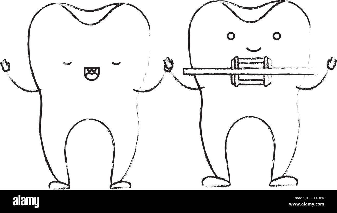 teeth cartoon holding hands and one with dental brace in monochrome ...