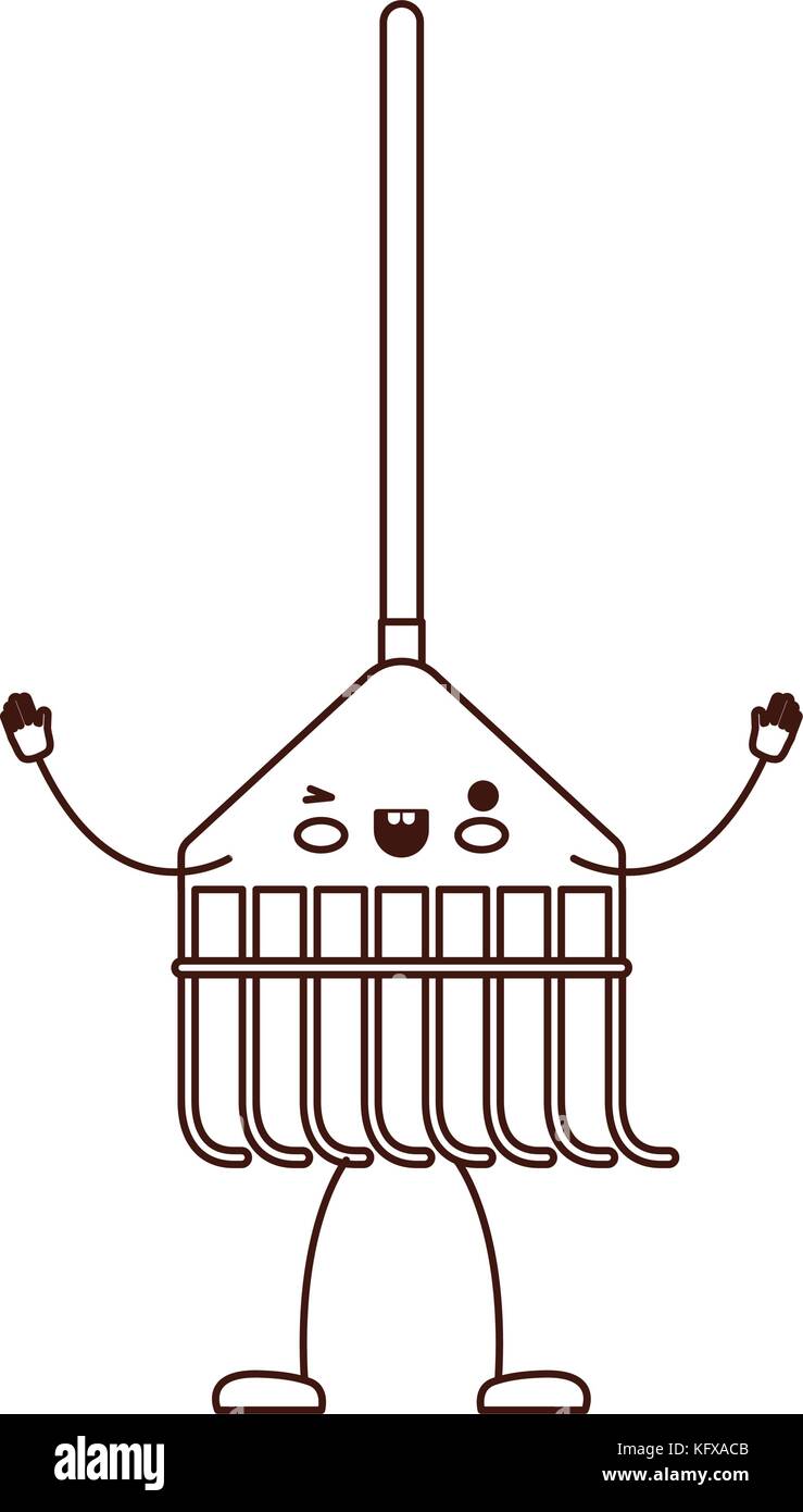 kawaii cartoon rake leaves with wooden stick in brown silhouette Stock ...