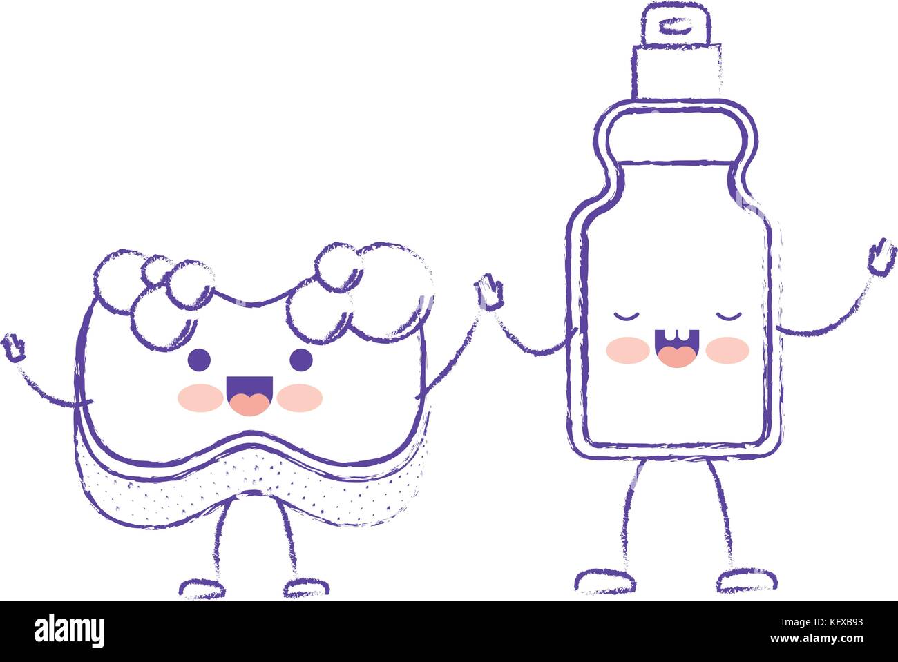 kawaii cartoon sponge and detergent bottle holding hands in purple ...