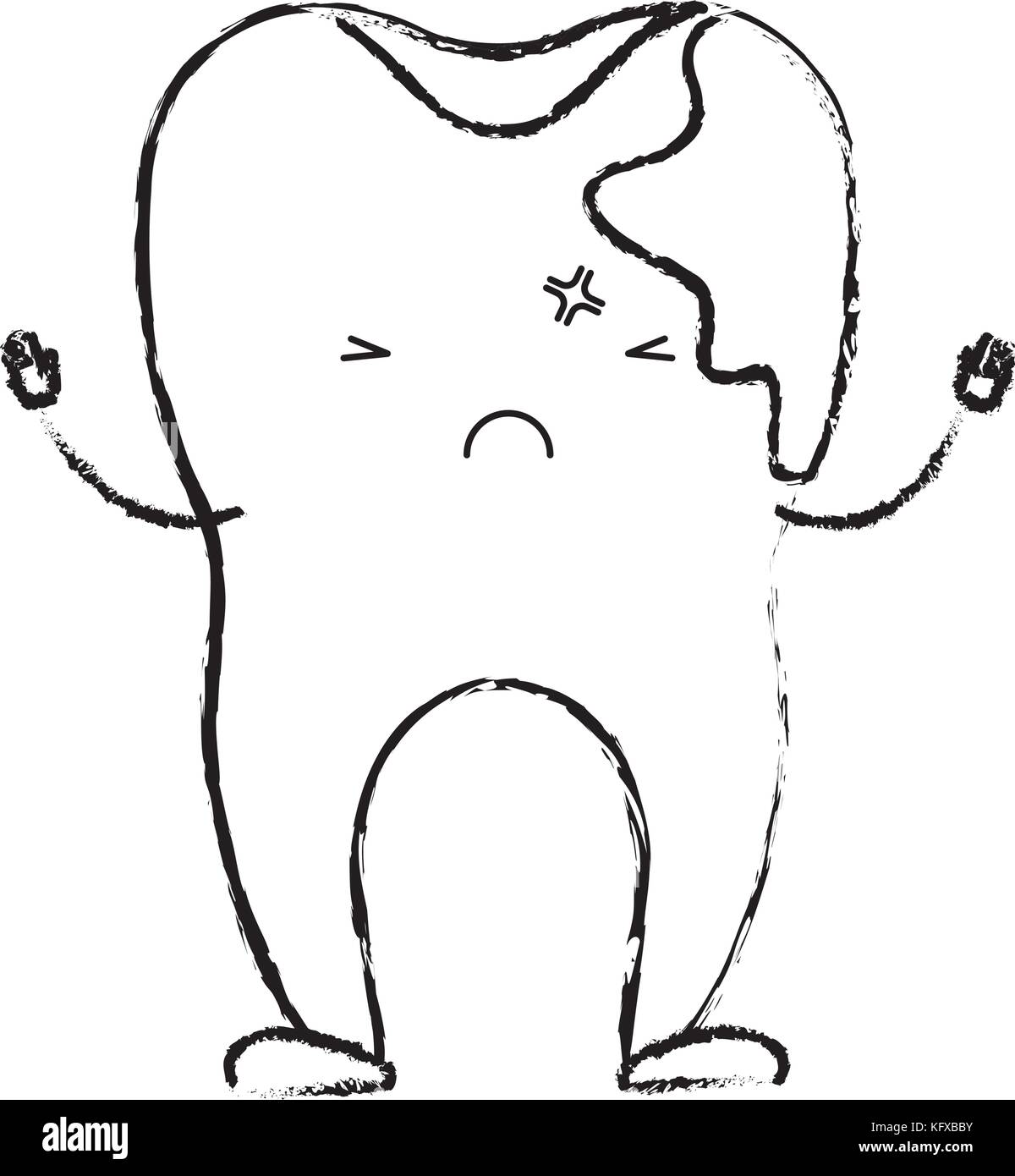 cartoon tooth with caries by side in monochrome blurred silhouette ...
