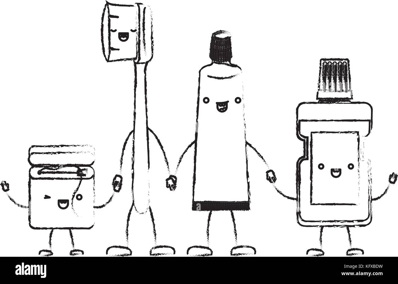 dental floss and toothbrush and toothpaste and mouthwash in cartoon ...