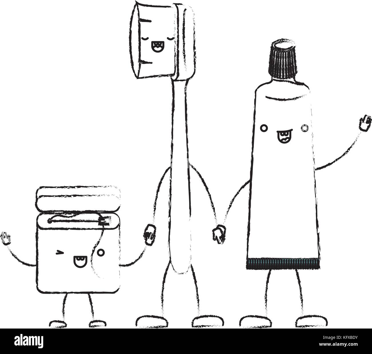 dental floss and toothbrush and toothpaste in cartoon holding hands in ...