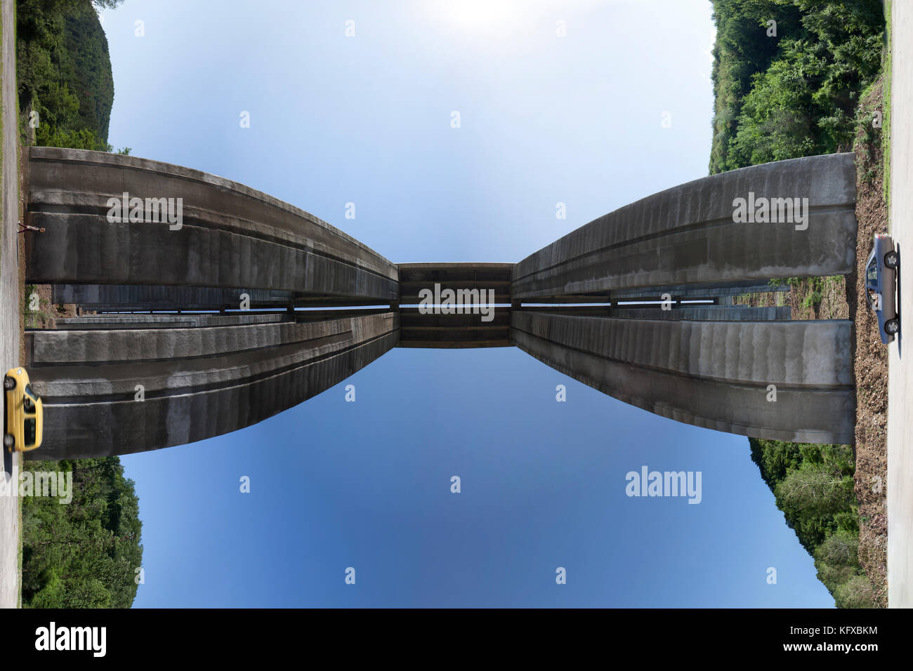 Wide 180 degrees view up under a high motorway bridge Stock Photo - Alamy