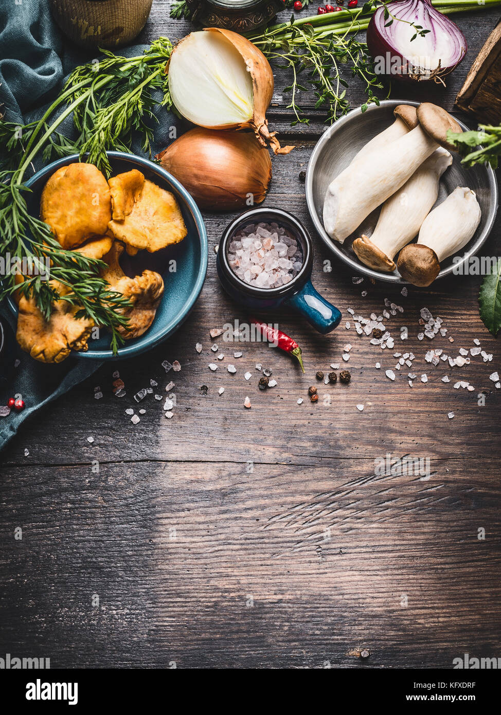Food rustic background for mushrooms cooking and recipes , top view ...
