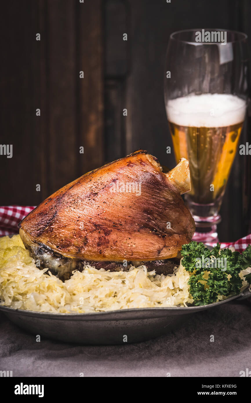 Roasted pork knuckle eisbein with braised boiled cabbage , Mashed ...