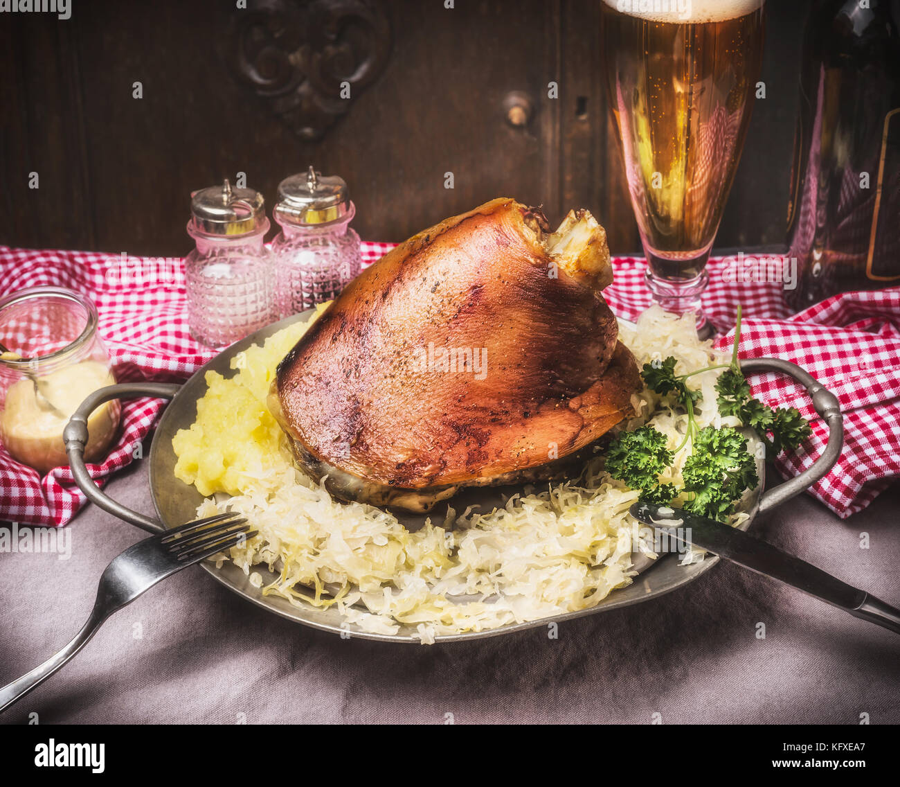 Roasted pork knuckle eisbein with braised boiled cabbage , Mashed ...