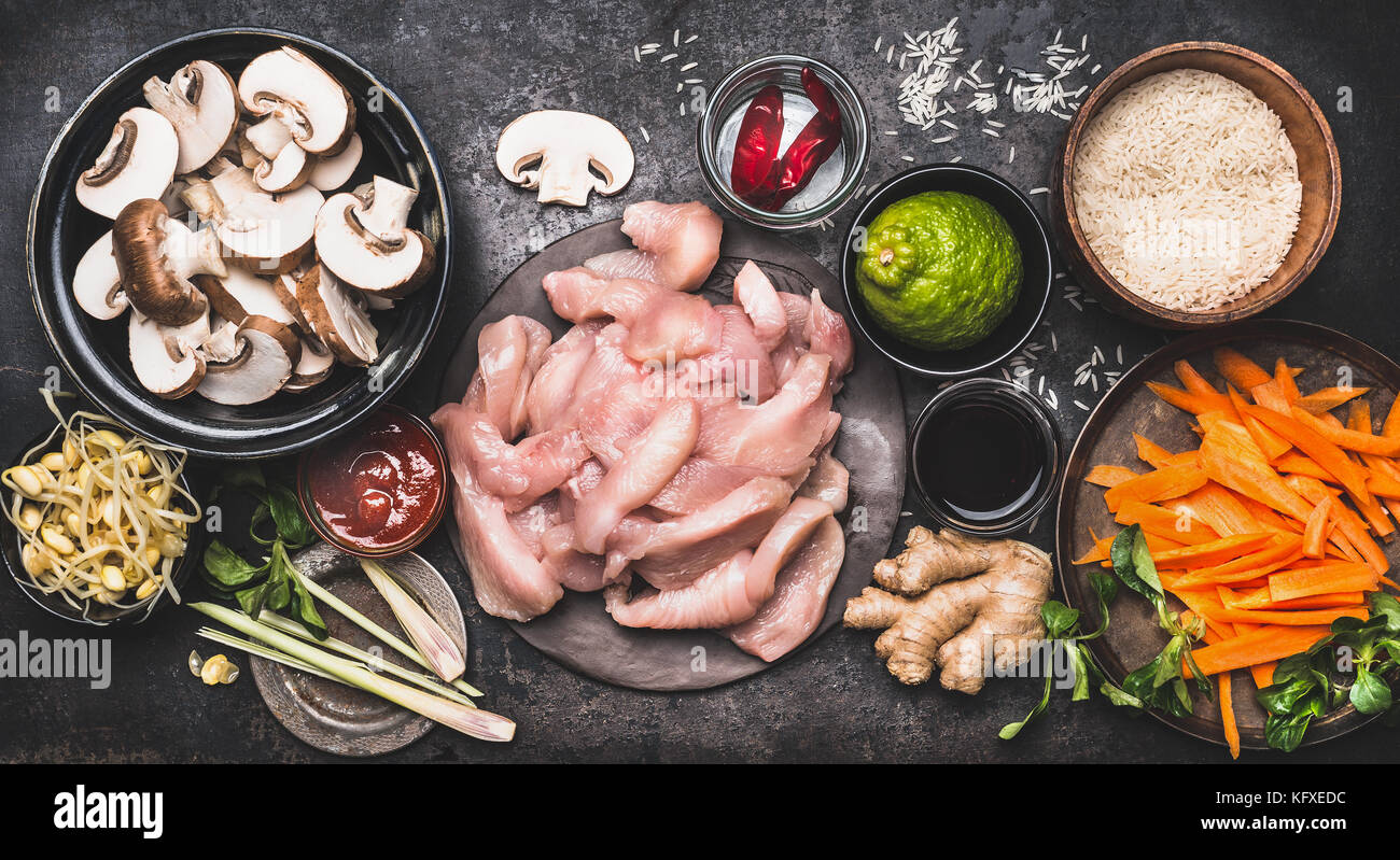 Food ingredients for asian cooking with rice, chicken ,vegetables and ...