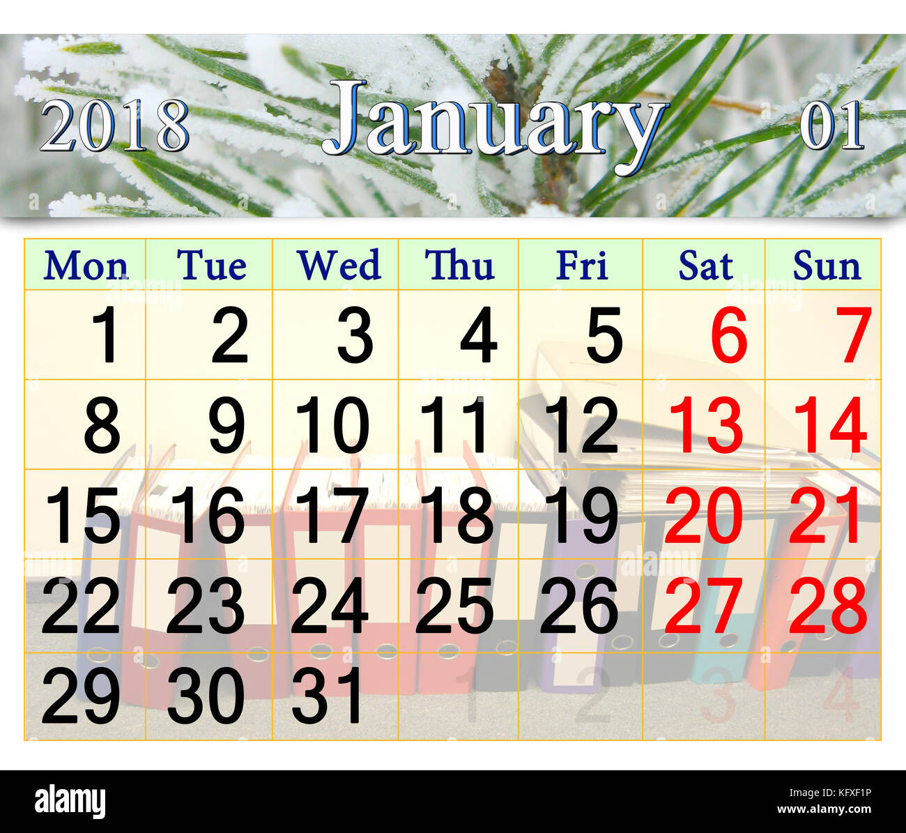 calendar for January 2018 with snowy pine branches in the forest Stock ...