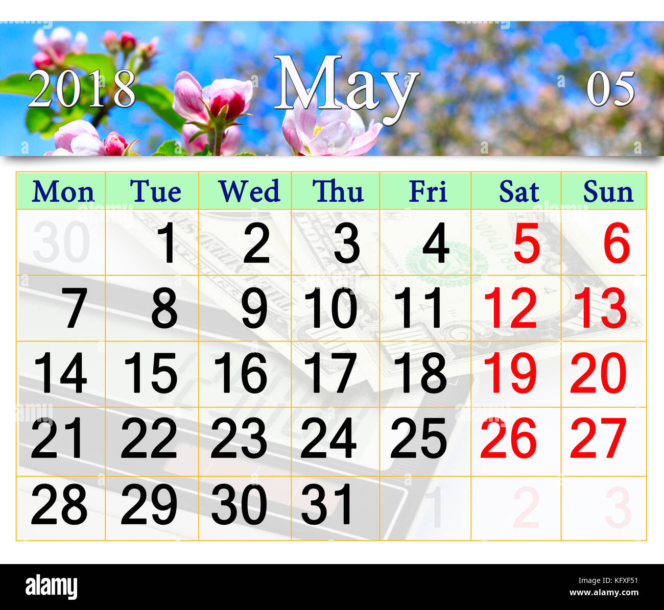 calendar for May 2018 with pink buds of blooming apple tree Stock Photo ...
