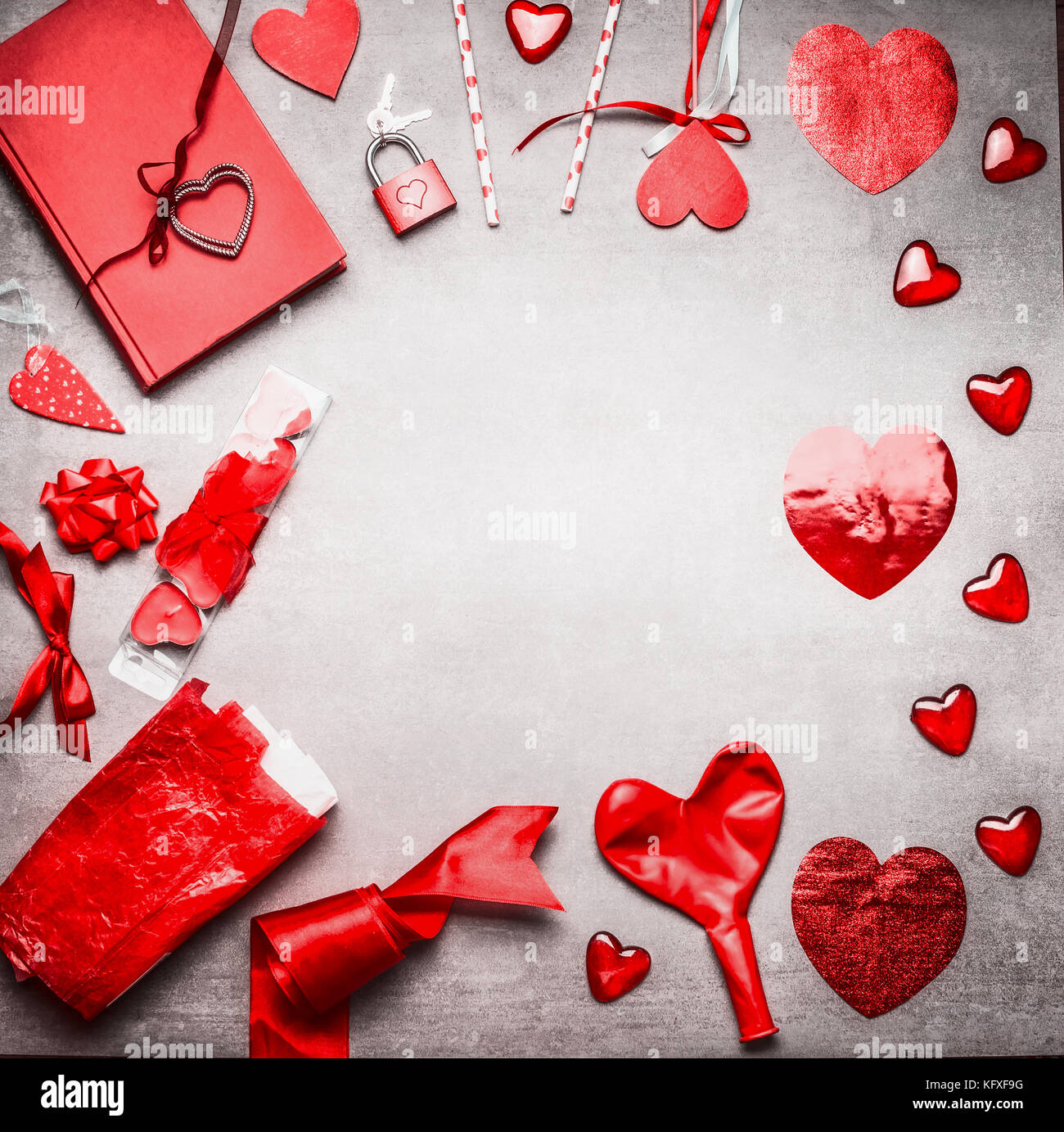 Red Valentines day background with various greeting decoration: heats ...