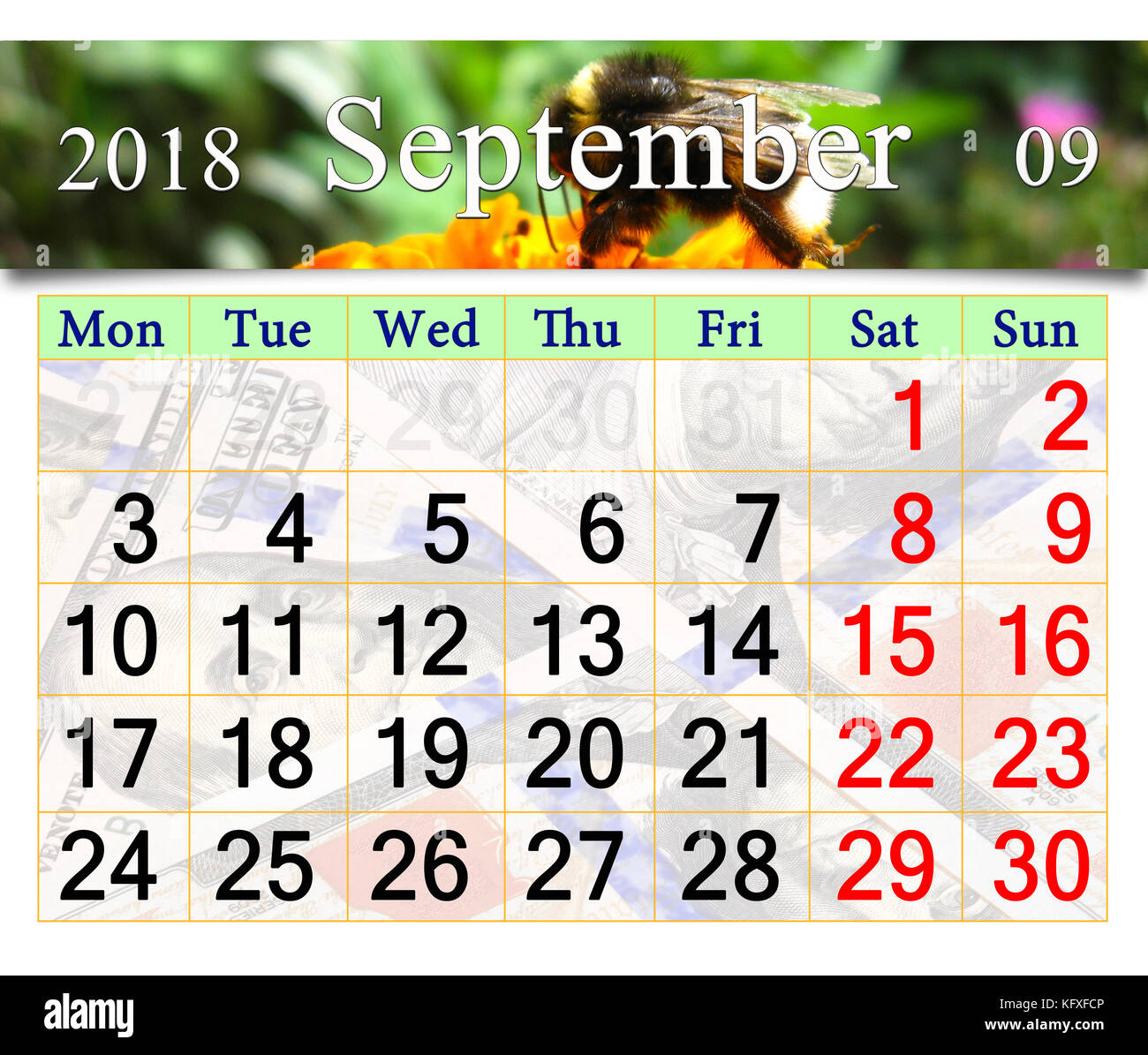 calendar for September 2018 with bumblebee collecting nectar on the ...