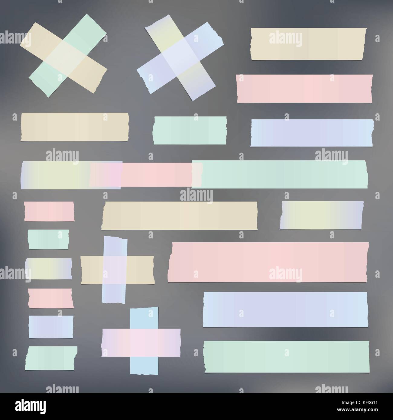 Colorful different size adhesive, sticky tape, paper pieces on gray ...