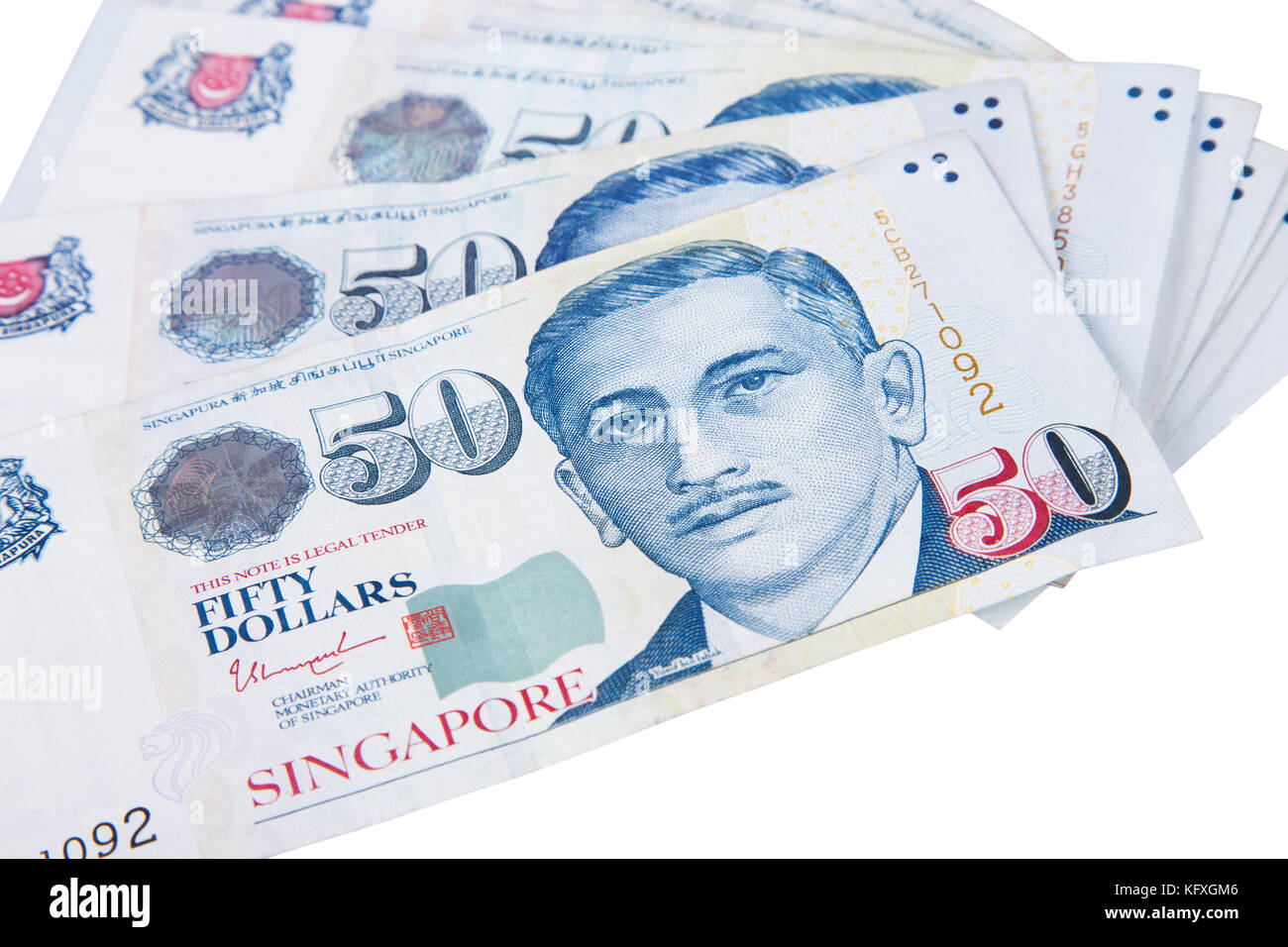 Singapore banknotes dollars (50 SGD) isolated on a white background ...