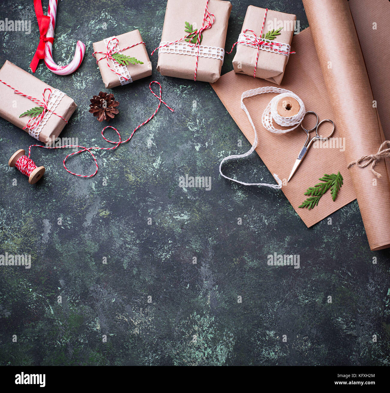 Process of packing boxes with Christmas gifts presents Stock Photo - Alamy
