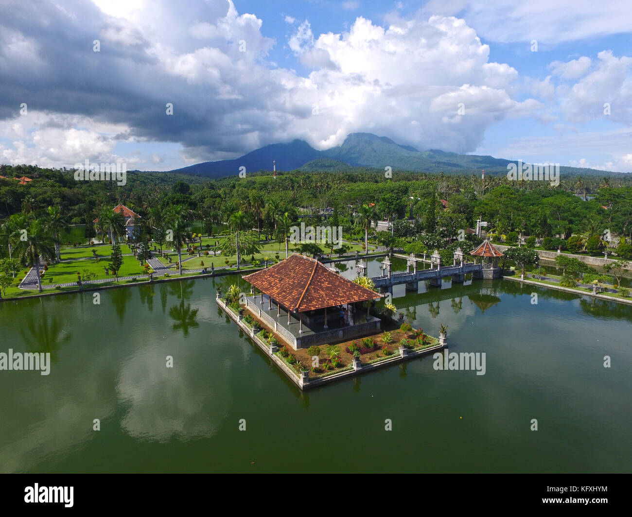 Aerial view of Ujung Water Palace near Mount Agung. Bali, Indonesia ...