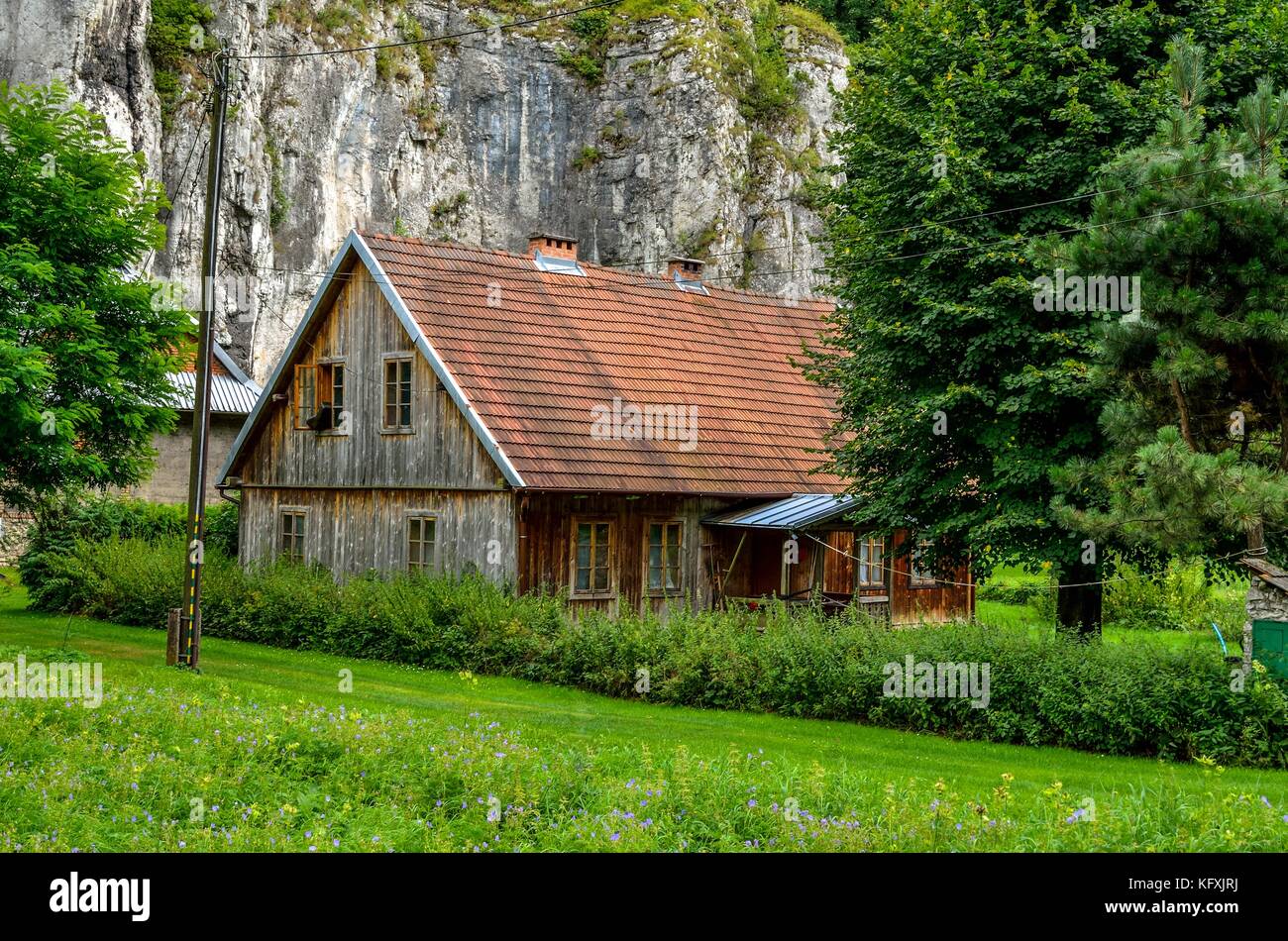 Green rural landscape. Old house in the Pradnik Valley in Ojcow, Poland ...