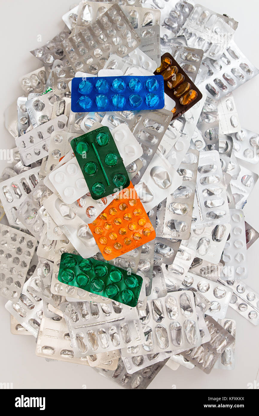 Heap of empty assorted various medicine tablets pills blisters ...